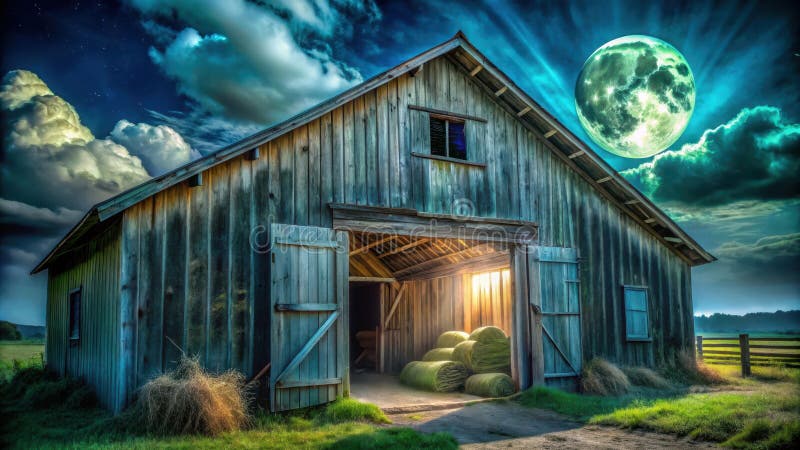 Rustic Wooden Barn Under a Dramatic Night Sky with a Large Moon and Hay ...