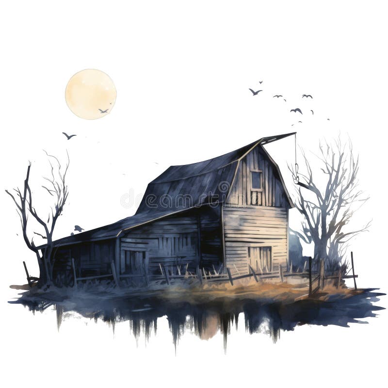 A Rustic Wooden Barn Under a Full Moon with Silhouettes of Birds in ...