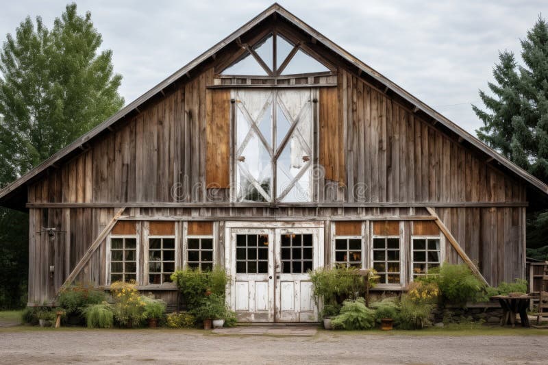A Rustic Wooden Barn with White Painted Windows and Doors Stock Image ...
