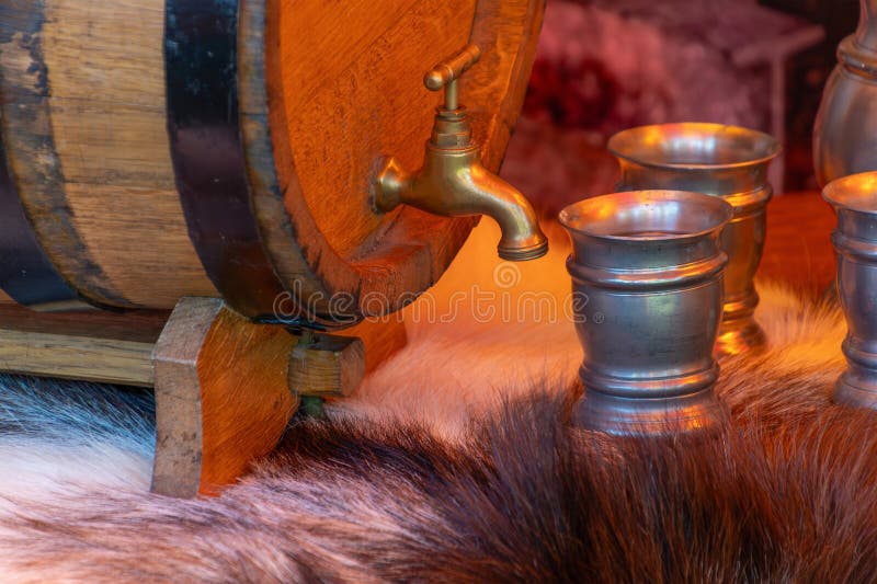 Rustic Wooden Barrel and Metal Cups on Fur Stock Image - Image of decor ...
