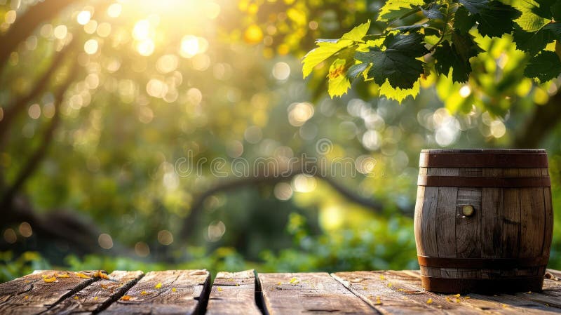 A Rustic Wooden Barrel Sits on a Table in a Sunlit Forest Setting Stock ...