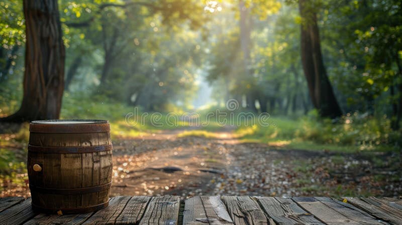 A Rustic Wooden Barrel Sits on a Weathered Plank in a Sunlit Forest ...