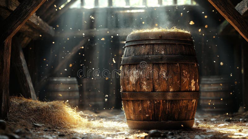 Rustic Wooden Barrel in Sunlit Barn - Generative Ai Stock Illustration ...
