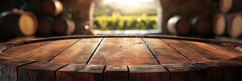 Rustic Wooden Barrel Table in Vineyard Sunset Stock Photo - Image of ...