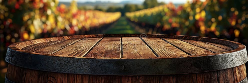 Rustic Wooden Barrel Table in Vineyard Sunset Stock Image - Image of ...