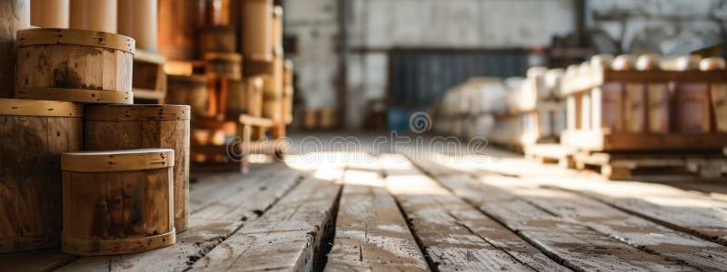 Rustic Wooden Barrels in an Old Warehouse with Sunlight Streaming in ...