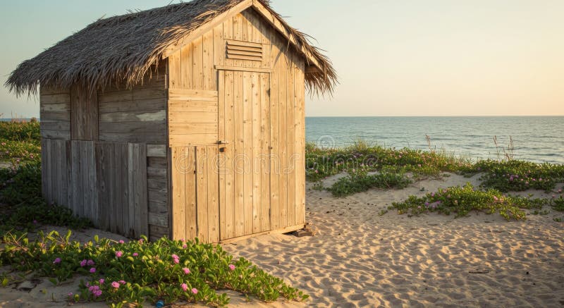 Rustic Wooden Beach Hut at Sunset Stock Illustration - Illustration of ...