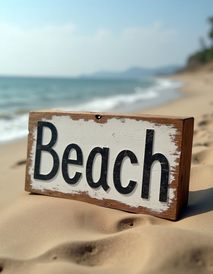 Rustic Wooden Beach Sign Against Sandy Shore Backdrop Stock ...