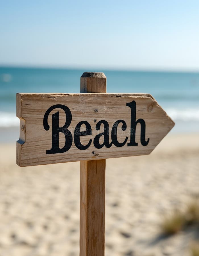 Rustic Wooden Beach Sign Against Sandy Shore Backdrop Stock ...