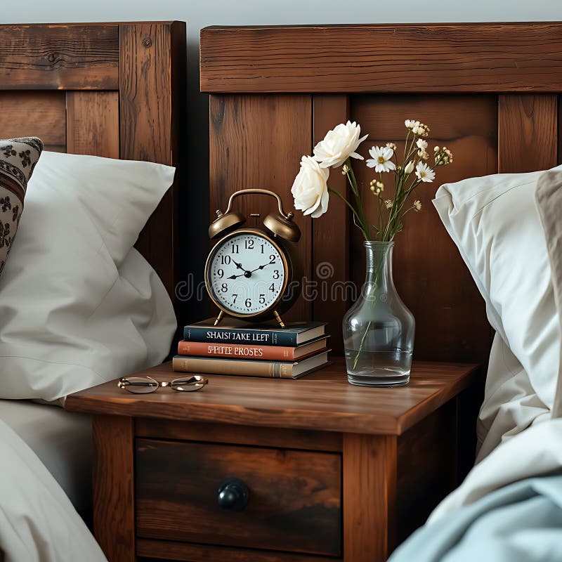 A Rustic Wooden Bedside Table with a Vintage Clock Stack of Books and a ...