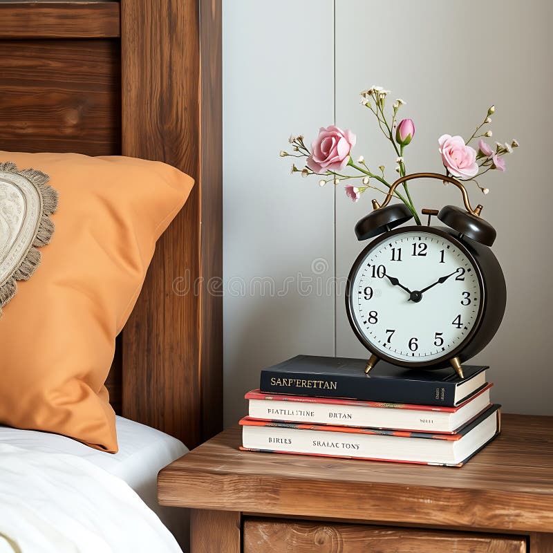 A Rustic Wooden Bedside Table with a Vintage Clock Stack of Books and a ...