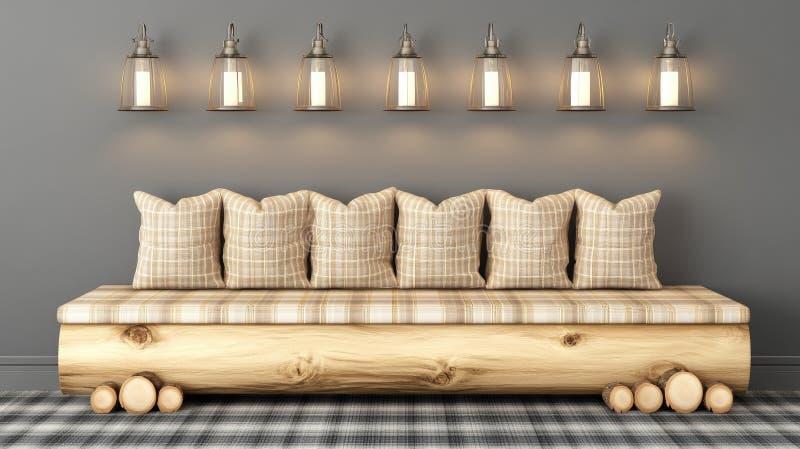 A Rustic Wooden Bench Adorned with Plush Pillows and Lanterns is ...