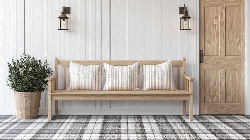 A Rustic Wooden Bench Adorned with Plush Pillows and Lanterns is ...