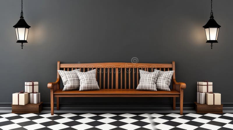 A Rustic Wooden Bench Adorned with Plush Pillows and Lanterns is ...