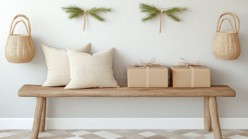 A Rustic Wooden Bench Adorned with Plush Pillows and Lanterns is ...