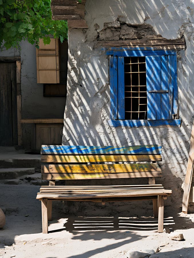 Rustic Wooden Bench Blue Window in Sun Drenched Mediterranean Village ...