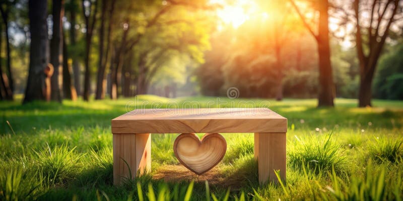 Rustic Wooden Bench with Heart Shaped Cutout in a Sunny Park Setting ...