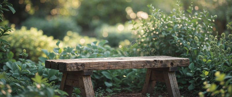 A Rustic Wooden Bench in a Lush Garden Setting. Stock Image - Image of ...