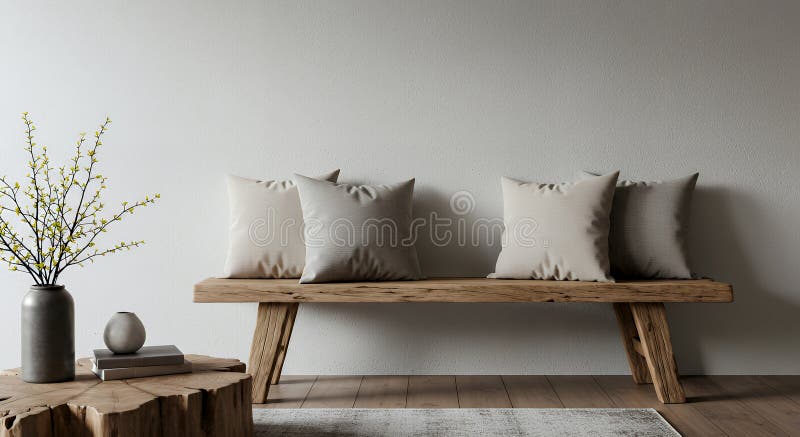 Rustic Wooden Bench with Neutral Pillows and Flower Vase Display Stock ...
