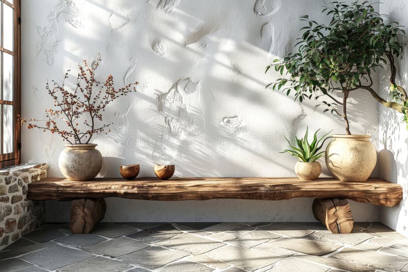 Rustic Wooden Bench with Pottery and Indoor Plants in Sunlight. Stock ...