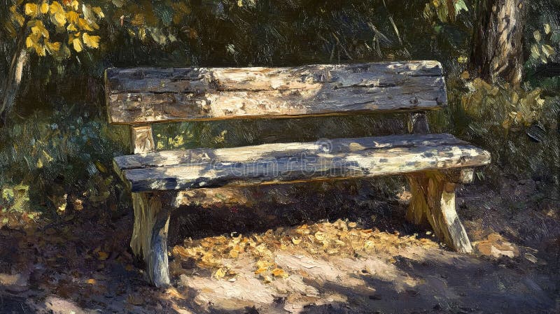 A Rustic Wooden Bench in a Quiet Park, Soft Light Casting Long Shadows ...