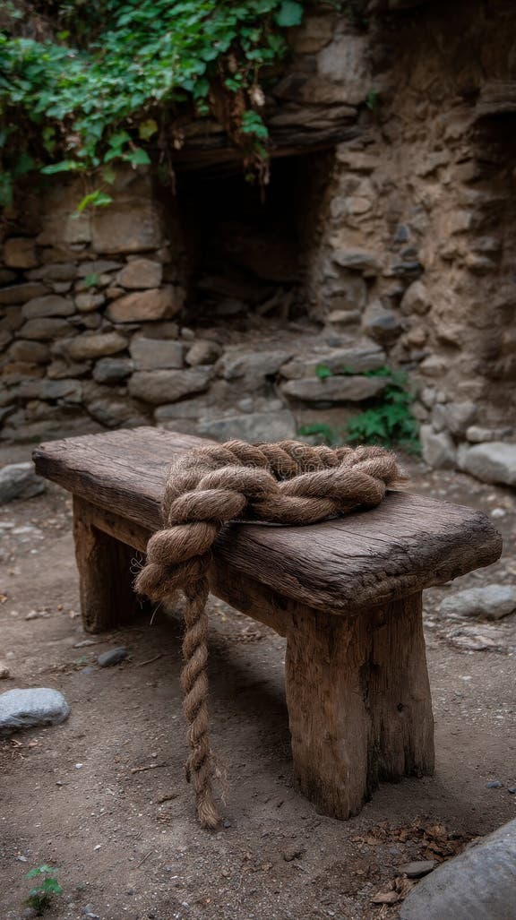 Rustic Wooden Bench with Rope in a Weathered Stone Setting Outdoors ...