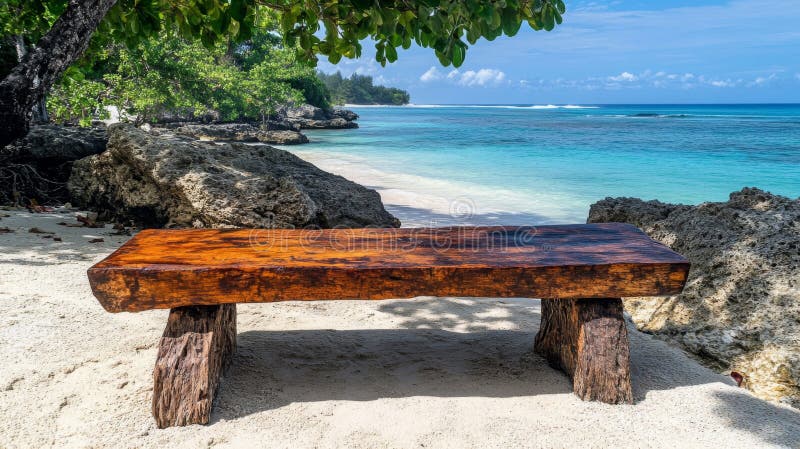 Rustic Wooden Bench on a Tropical Beach Stock Illustration ...