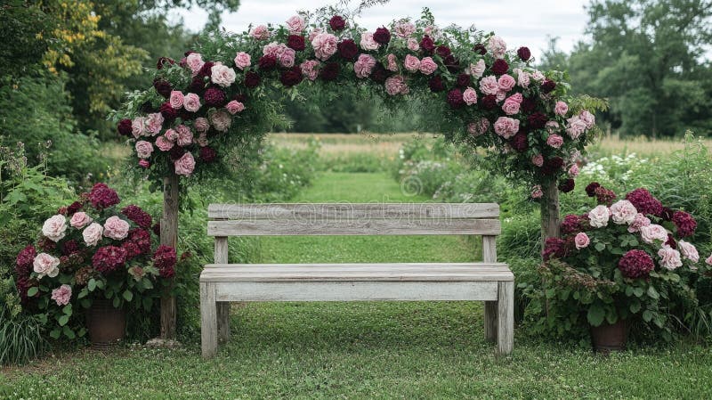 Rustic Wooden Bench Under Rose Arch in Lush Garden Setting Stock Image ...