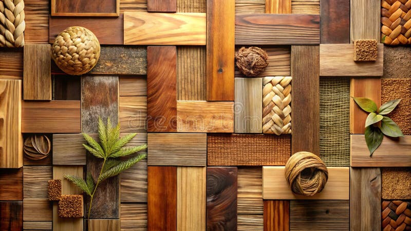 Rustic Wooden Blocks, Woven Textures, and Natural Greenery Arranged in ...