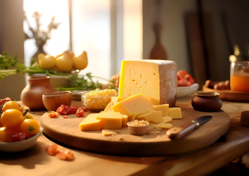 Rustic Wooden Board with Cheese, Vegetables, and Fruit Stock ...