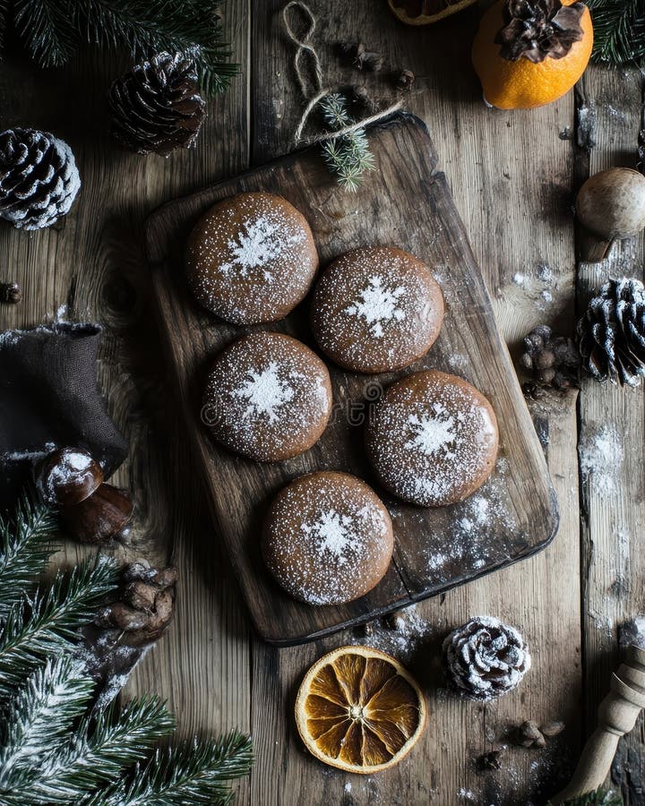 A Rustic Wooden Board Displays Five Decorated Cookies Surrounded by ...