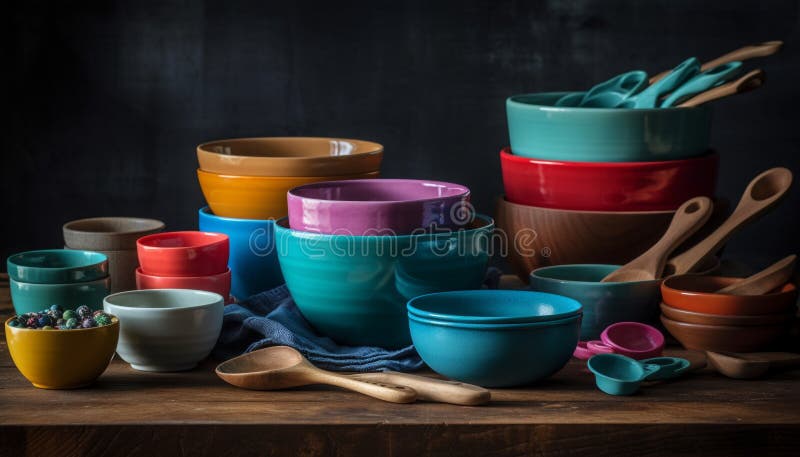 A Rustic Wooden Bowl with Multi Colored Pottery and Spoons Generated by ...