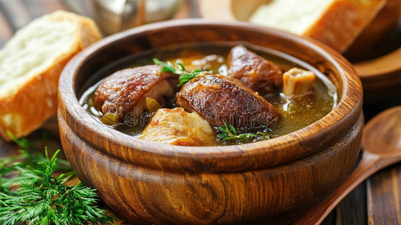 Rustic Wooden Bowl of Mushroom Stew, Bread, Herbs Stock Photo - Image ...