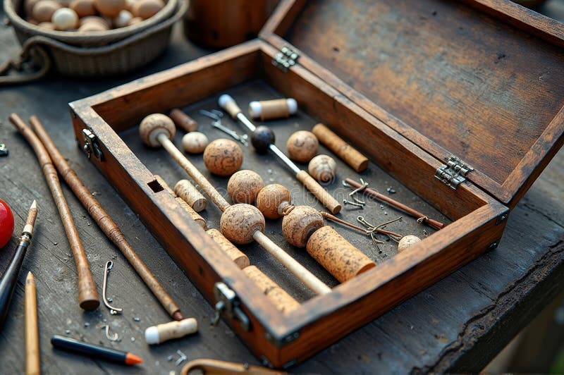 Rustic Wooden Box with Assorted Vintage Tools on Weathered Table Stock ...