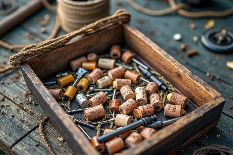 Rustic Wooden Box Filled with Vintage Corks and Tools on Workshop Table ...