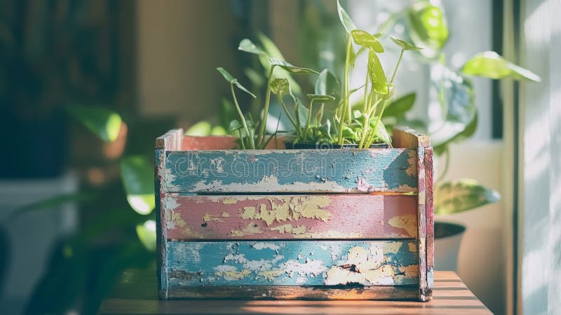 Rustic Wooden Box with Green Plants in Sunlit Room Stock Illustration ...