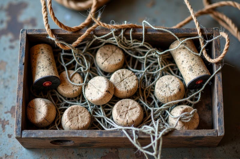 Rustic Wooden Box with Vintage Cork Stoppers and Twine on Weathered ...
