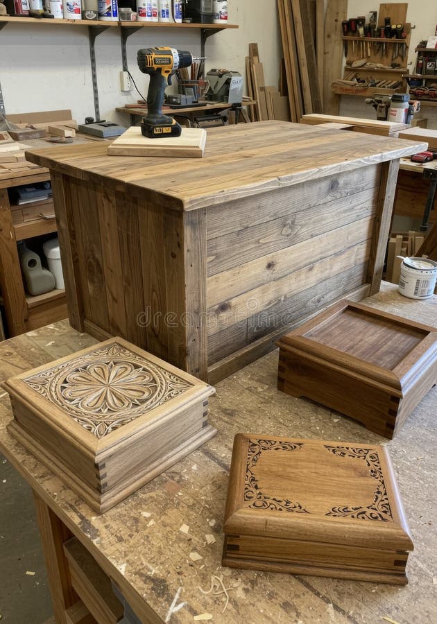 Rustic Wooden Boxes and Chest in a Workshop Stock Illustration - Illustration of carpentry ...