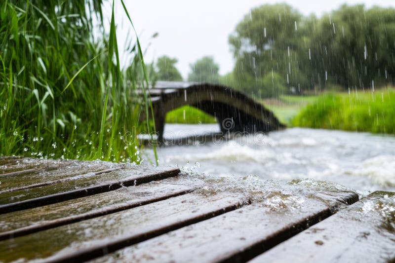Rustic Wooden Bridge Arches Over a Fast Flowing River during Heavy Rain ...