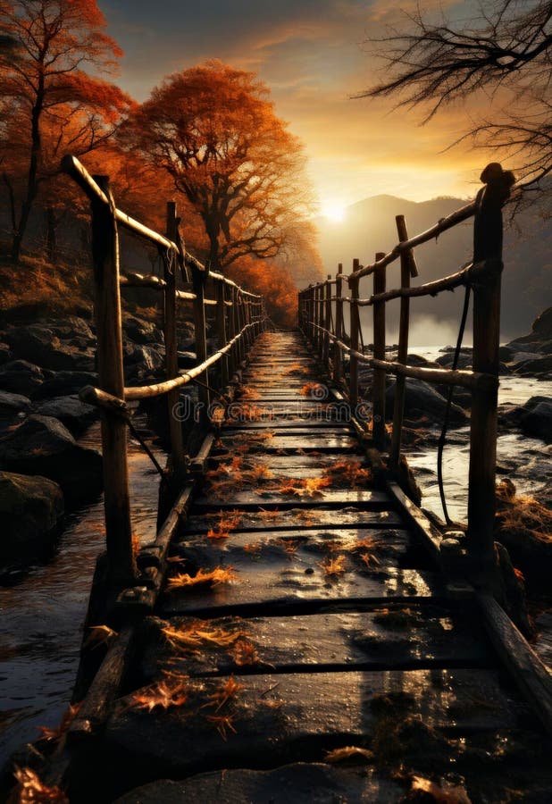 Rustic Wooden Bridge in Autumn Forest during Golden Hour Sunset Over ... Rustic Wooden Bridge in Autumn Forest during Golden Hour Sunset Over ...