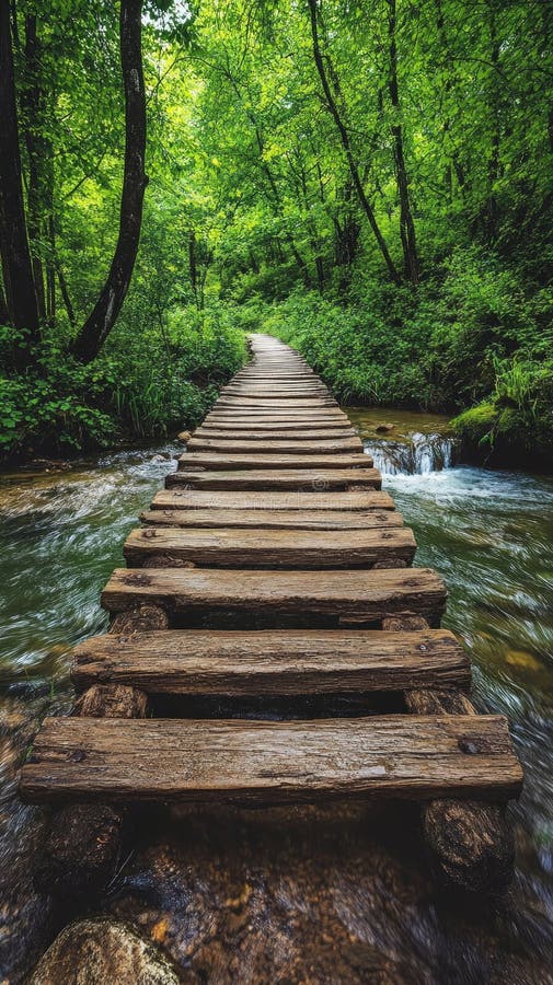 A Rustic Wooden Bridge Crosses a Serene Stream, Surrounded by Vibrant ...