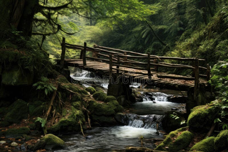 A Rustic Wooden Bridge Crossing a Mountain Stream in the Forest Stock ...