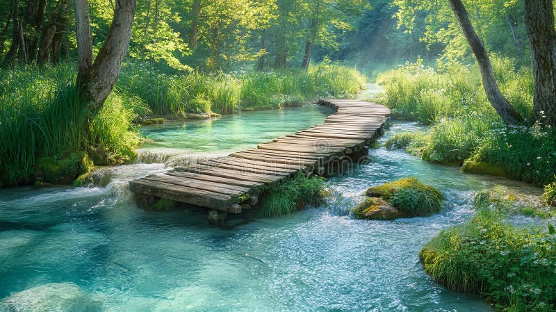 A Rustic Wooden Bridge Crossing Over a Crystal-clear Stream in a Forest ...
