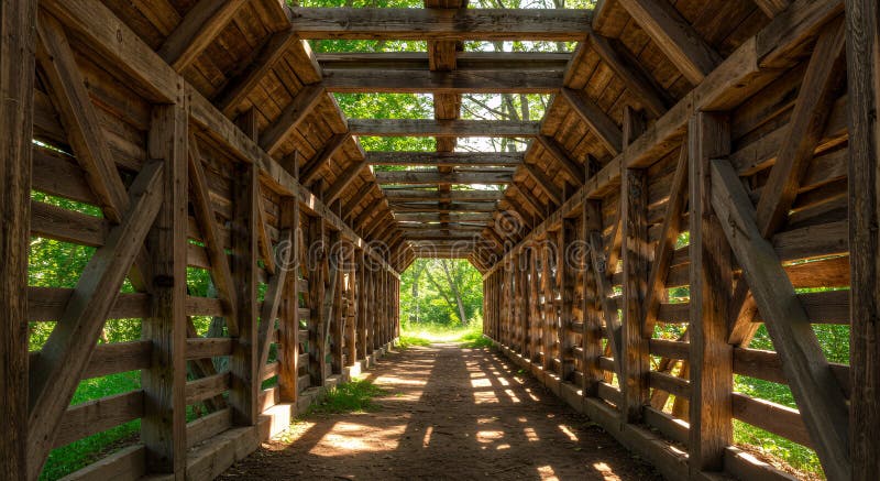 Rustic Wooden Bridge Interior with Sunlight and Dappled Shadows Stock ...