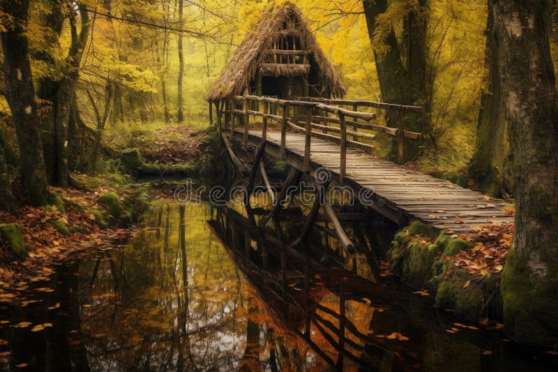 Rustic Wooden Bridge Over a Calm Stream in Autumn Forest Stock ...