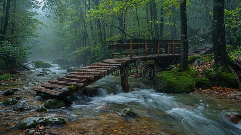 A Rustic Wooden Bridge Over a Forest Stream Stock Image - Image of ...