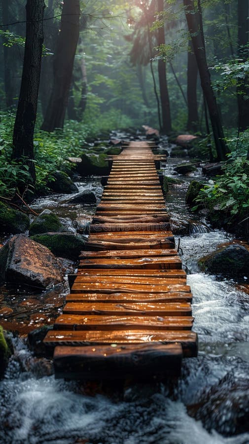 A Rustic Wooden Bridge Over a Forest Stream Stock Photo - Image of ...