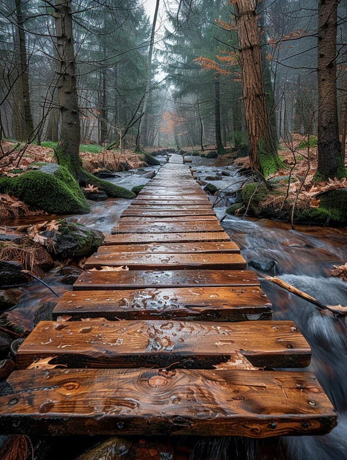 A Rustic Wooden Bridge Over a Forest Stream Stock Image - Image of ...
