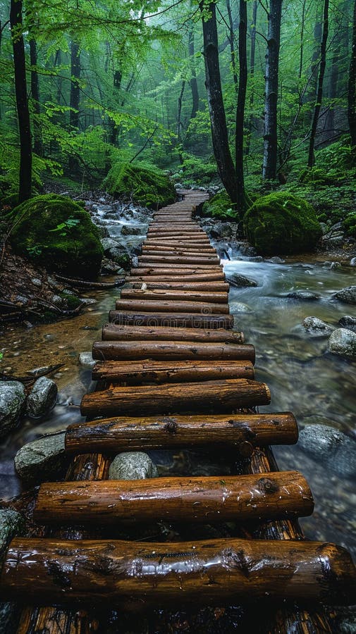 A Rustic Wooden Bridge Over a Forest Stream Stock Photo - Image of ...
