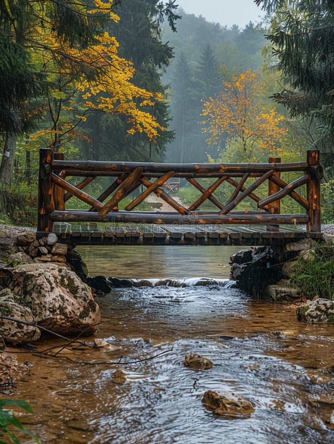 A Rustic Wooden Bridge Over a Forest Stream Stock Photo - Image of ...